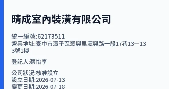 晴成室內裝潢有限公司的照片-統編 62173511(臺中市) 公司登記資料與營業項目詳細圖表
