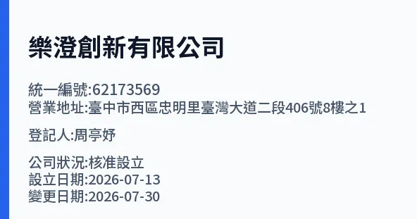樂澄創新有限公司的照片-統編 62173569(臺中市) 公司登記資料與營業項目詳細圖表