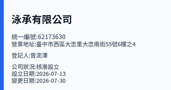 泳承有限公司的照片-統編 62173630(臺中市) 公司登記資料與營業項目詳細圖表