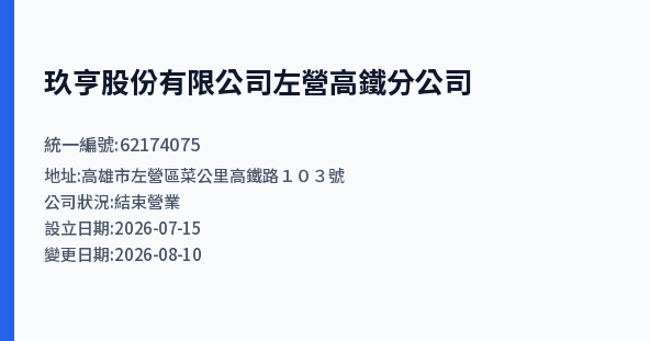 玖亨股份有限公司左營高鐵分公司的照片-統編 62174075(高雄市) 公司登記資料與營業項目詳細圖表