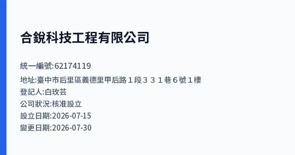合銳科技工程有限公司的照片-統編 62174119(臺中市) 公司登記資料與營業項目詳細圖表