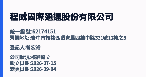 程威國際通運股份有限公司的照片-統編 62174151 公司登記資料與營業項目詳細圖表