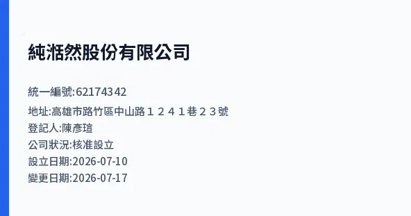 純湉然股份有限公司的照片-統編 62174342(高雄市) 公司登記資料與營業項目詳細圖表