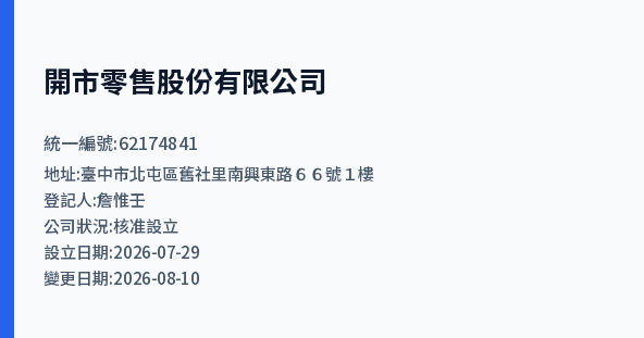 開市零售股份有限公司的照片-統編 62174841(臺中市) 公司登記資料與營業項目詳細圖表