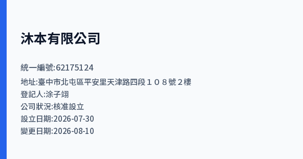 沐本有限公司的照片-統編 62175124(臺中市) 公司登記資料與營業項目詳細圖表