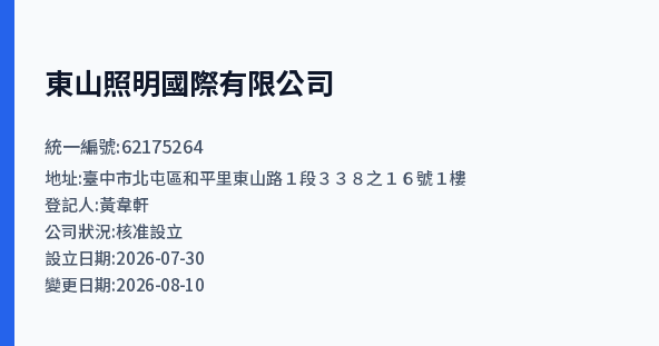 東山照明國際有限公司的照片-統編 62175264(臺中市) 公司登記資料與營業項目詳細圖表