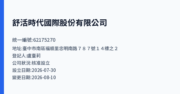 舒活時代國際股份有限公司的照片-統編 62175270(臺中市) 公司登記資料與營業項目詳細圖表