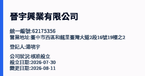 晉宇興業有限公司的照片-統編 62175356(臺中市) 公司登記資料與營業項目詳細圖表