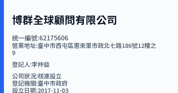 博群全球顧問有限公司的照片-統編 62175606(臺中市) 公司登記資料與營業項目詳細圖表
