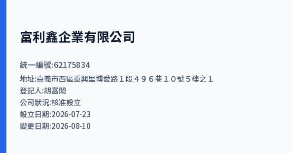 富利鑫企業有限公司的照片-統編 62175834(嘉義市) 公司登記資料與營業項目詳細圖表