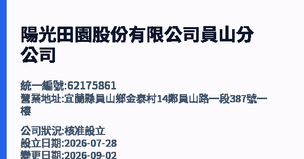 陽光田園股份有限公司員山分公司的照片-統編 62175861(宜蘭縣) 公司登記資料與營業項目詳細圖表