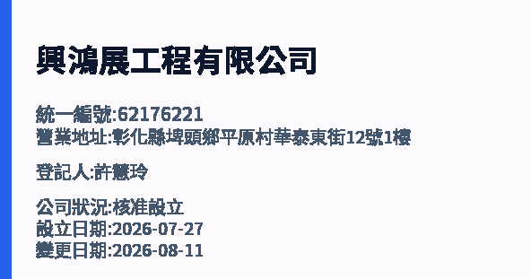 興鴻展工程有限公司的照片-統編 62176221(彰化縣) 公司登記資料與營業項目詳細圖表