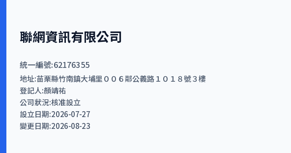 聯網資訊有限公司的照片-統編 62176355(苗栗縣) 公司登記資料與營業項目詳細圖表