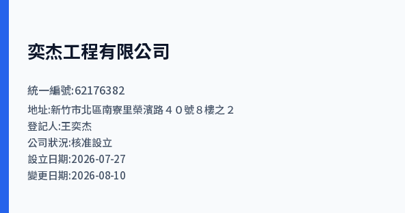 奕杰工程有限公司的照片-統編 62176382(新竹市) 公司登記資料與營業項目詳細圖表