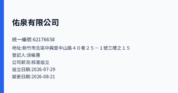 佑泉有限公司的照片-統編 62176658(新竹市) 公司登記資料與營業項目詳細圖表