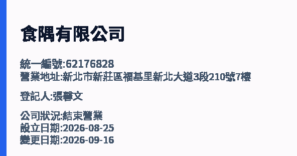 食隅有限公司的照片-統編 62176828(新北市) 公司登記資料與營業項目詳細圖表