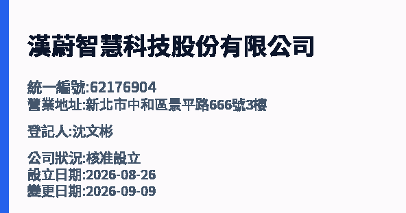漢蔚智慧科技股份有限公司的照片-統編 62176904(新北市) 公司登記資料與營業項目詳細圖表