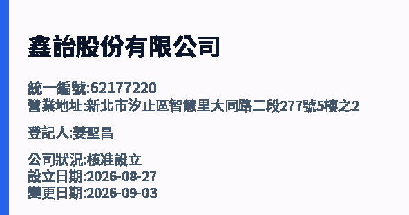 鑫詒股份有限公司的照片-統編 62177220(新北市) 公司登記資料與營業項目詳細圖表