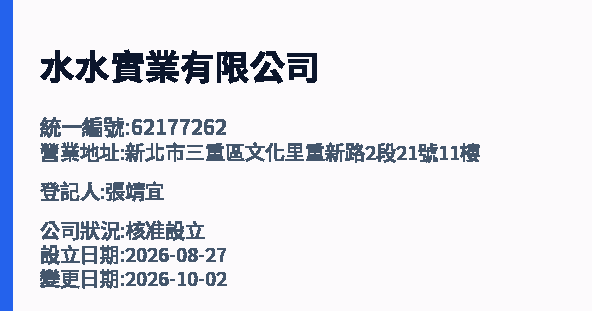 水水實業有限公司的照片-統編 62177262(新北市) 公司登記資料與營業項目詳細圖表
