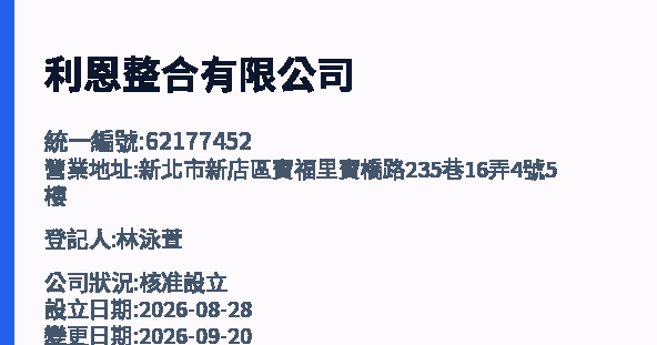 利恩整合有限公司的照片-統編 62177452(新北市) 公司登記資料與營業項目詳細圖表