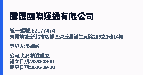 騰匯國際運通有限公司的照片-統編 62177474(新北市) 公司登記資料與營業項目詳細圖表