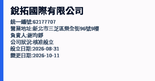 銳拓國際有限公司的照片-統編 62177707(新北市) 公司登記資料與營業項目詳細圖表