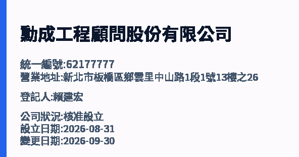 勳成工程顧問股份有限公司的照片-統編 62177777(新北市) 公司登記資料與營業項目詳細圖表