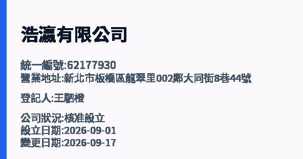 浩瀛有限公司的照片-統編 62177930(新北市) 公司登記資料與營業項目詳細圖表
