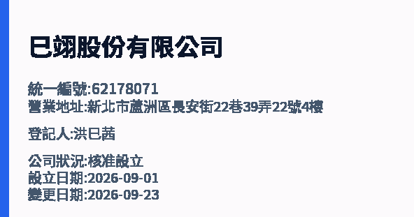 巳翊股份有限公司的照片-統編 62178071(新北市) 公司登記資料與營業項目詳細圖表