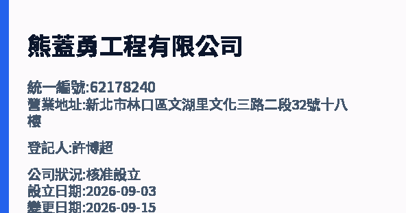 熊蓋勇工程有限公司的照片-統編 62178240(新北市) 公司登記資料與營業項目詳細圖表