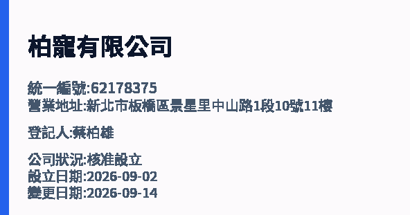 柏寵有限公司的照片-統編 62178375(新北市) 公司登記資料與營業項目詳細圖表