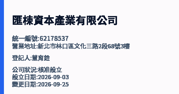匯棟資本產業有限公司的照片-統編 62178537(新北市) 公司登記資料與營業項目詳細圖表