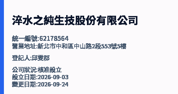淬水之純生技股份有限公司的照片-統編 62178564(新北市) 公司登記資料與營業項目詳細圖表
