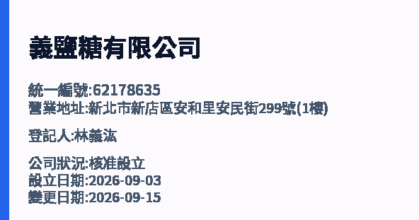 義鹽糖有限公司的照片-統編 62178635(新北市) 公司登記資料與營業項目詳細圖表