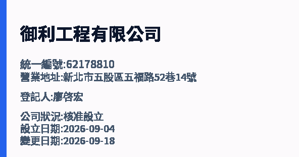 御利工程有限公司的照片-統編 62178810(新北市) 公司登記資料與營業項目詳細圖表
