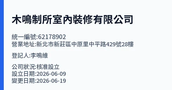 木鳴制所室內裝修有限公司的照片-統編 62178902(新北市) 公司登記資料與營業項目詳細圖表