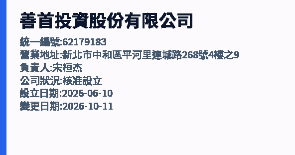 善首投資股份有限公司的照片-統編 62179183(新北市) 公司登記資料與營業項目詳細圖表