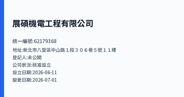 展碩機電工程有限公司的照片-統編 62179368(新北市) 公司登記資料與營業項目詳細圖表
