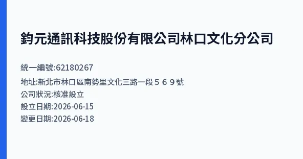 鈞元通訊科技股份有限公司林口文化分公司的照片-統編 62180267(新北市) 公司登記資料與營業項目詳細圖表