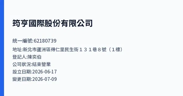 筠亨國際股份有限公司的照片-統編 62180739(新北市) 公司登記資料與營業項目詳細圖表