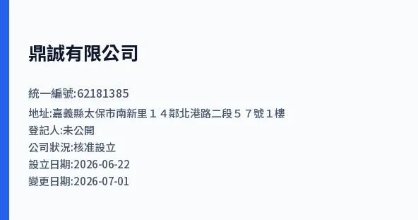 鼎誠有限公司的照片-統編 62181385(嘉義縣) 公司登記資料與營業項目詳細圖表
