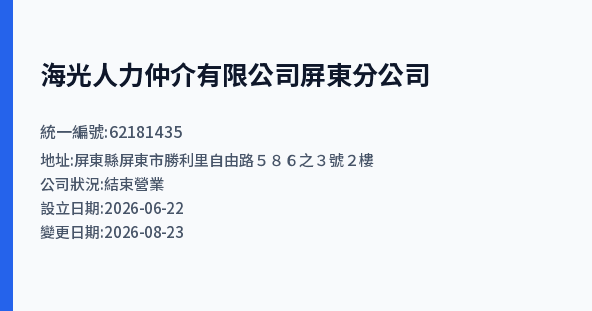 海光人力仲介有限公司屏東分公司的照片-統編 62181435 公司登記資料與營業項目詳細圖表