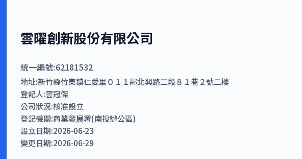 雲曜創新股份有限公司的照片-統編 62181532(新竹縣) 公司登記資料與營業項目詳細圖表