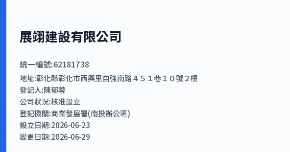 展翊建設有限公司的照片-統編 62181738(彰化縣) 公司登記資料與營業項目詳細圖表