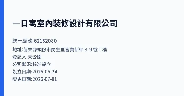 一日寓室內裝修設計有限公司的照片-統編 62182080(苗栗縣) 公司登記資料與營業項目詳細圖表