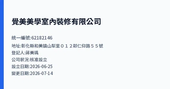 覺美美學室內裝修有限公司的照片-統編 62182146(彰化縣) 公司登記資料與營業項目詳細圖表