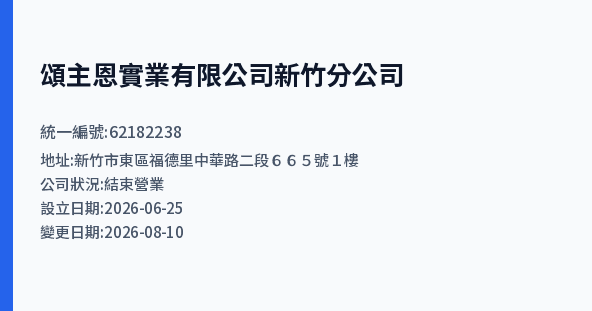 頌主恩實業有限公司新竹分公司的照片-統編 62182238 公司登記資料與營業項目詳細圖表