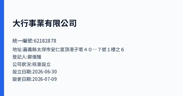 大行事業有限公司的照片-統編 62182878(嘉義縣) 公司登記資料與營業項目詳細圖表
