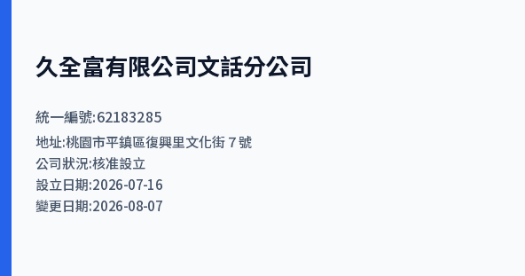 久全富有限公司文話分公司的照片-統編 62183285(桃園市) 公司登記資料與營業項目詳細圖表