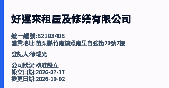 好運來租屋及修繕有限公司的照片-統編 62183406(苗栗縣) 公司登記資料與營業項目詳細圖表